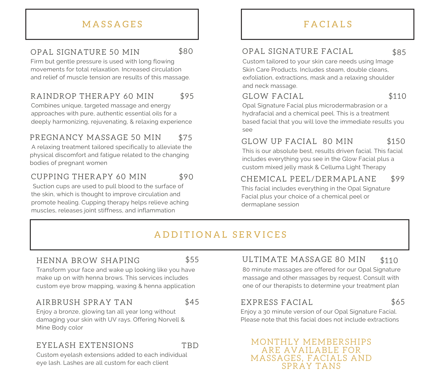 Services Menu – Opal Day Spa